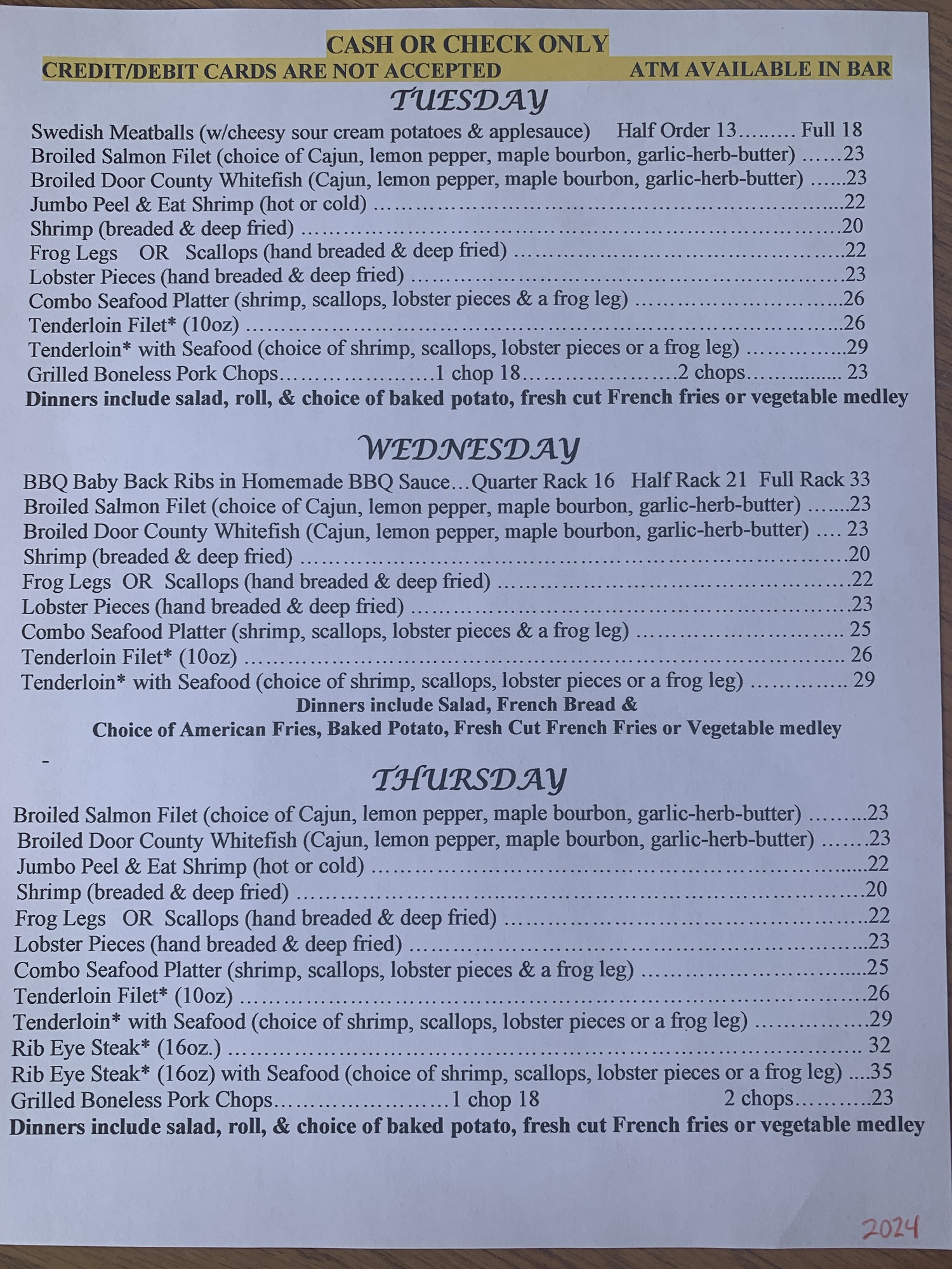 Restaurant Menu – Birmingham's Bar and Cottages